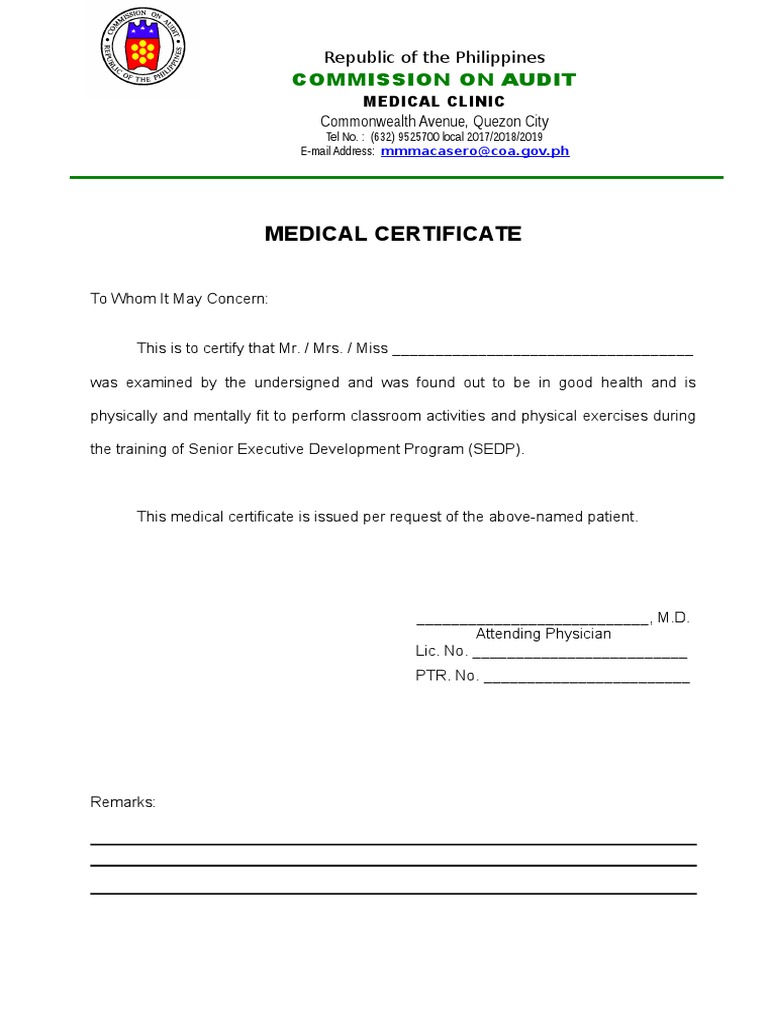 COA Medical Clinic Medical Certificate Template | PDF