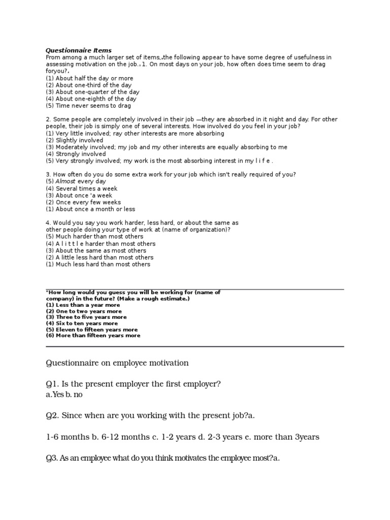 Questionnaire on Employee Motivation | Motivation | Motivational