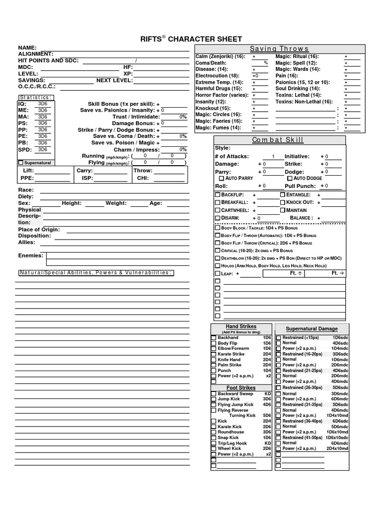Interactive Rifts Sheet Combat Individual Sports 