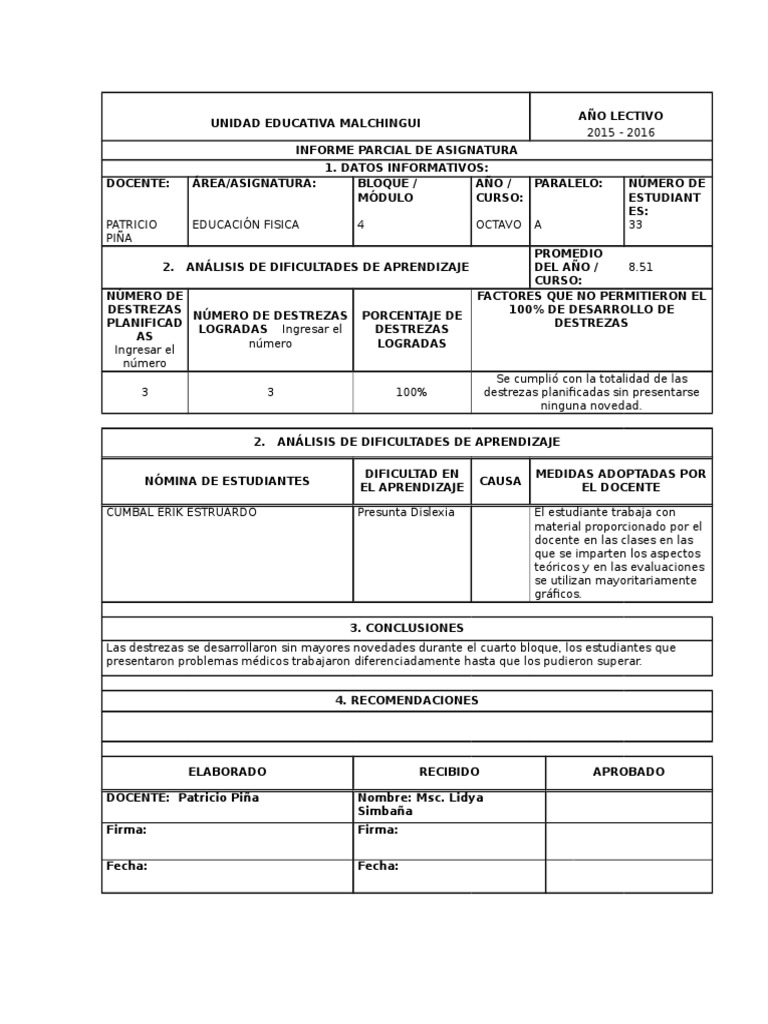 6 Informe Parcial de Asignatura | Maestros | Aprendizaje