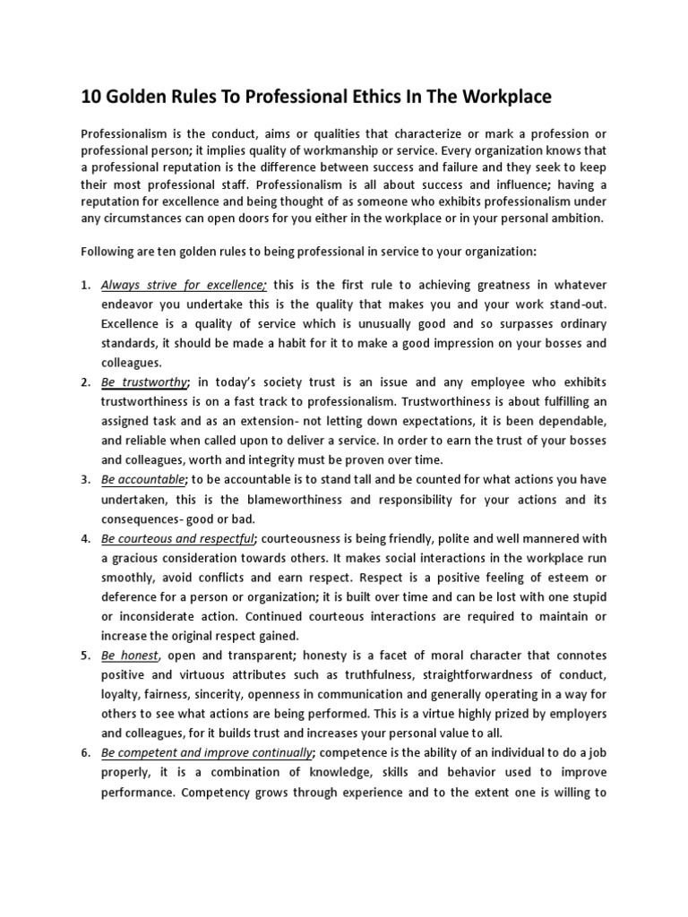 10 Golden Rules To Professional Ethics in The Workplace | PDF ...