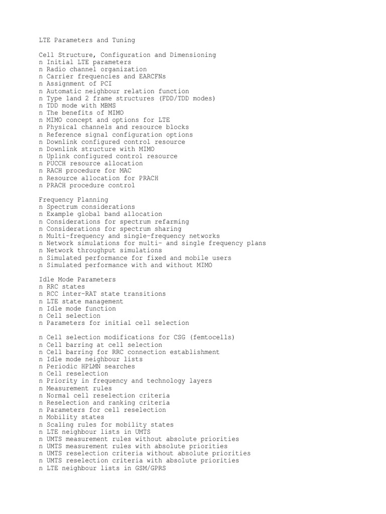 Lte Parameters And Tuning Pdf Lte Telecommunication General