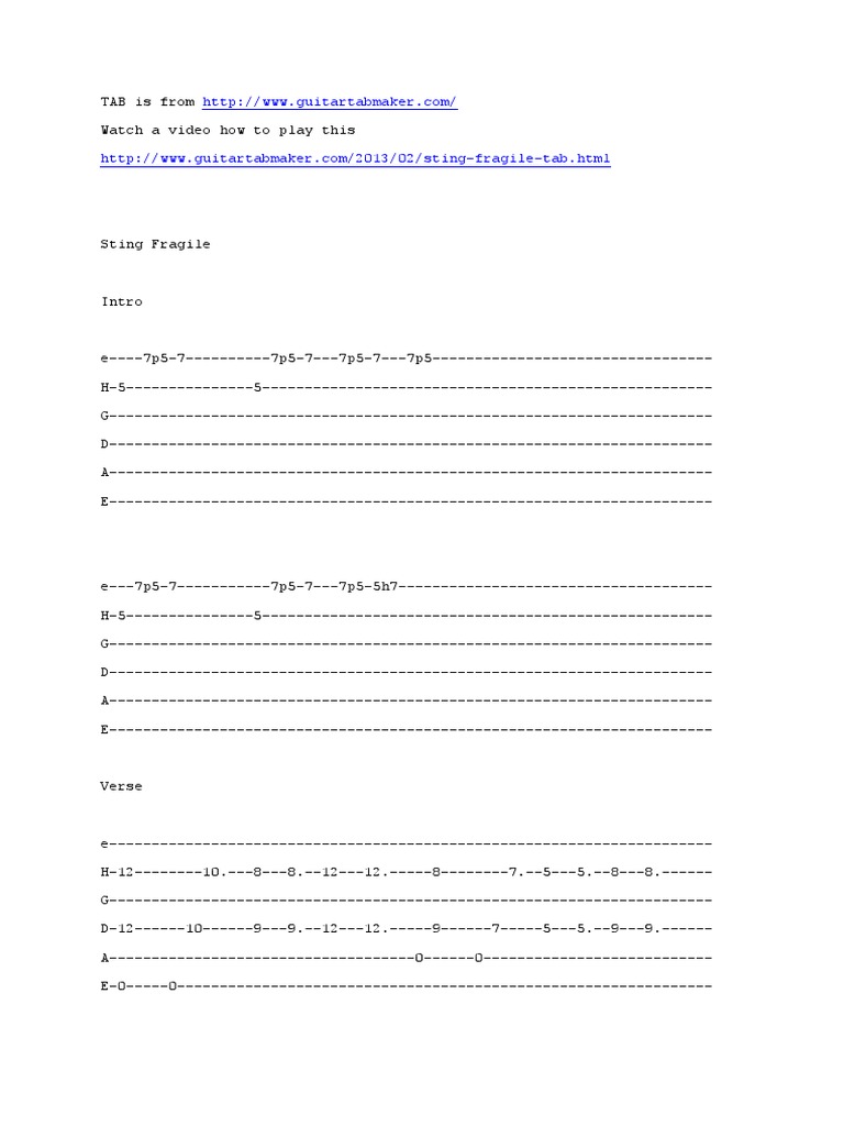 Sting - Fragile Guitar Tab and Chords | PDF | Songs | Musical Compositions