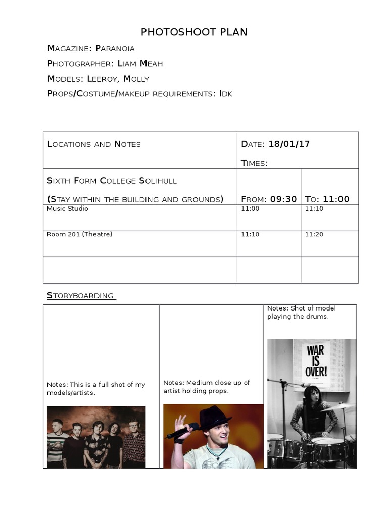 Photoshoot Plan for Paranoia Magazine | PDF