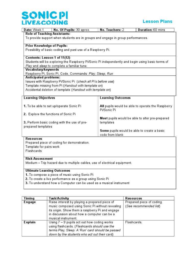 Raspberry Pi Sonic Pi Lesson Plan | PDF | Synthesizer | Musical ...