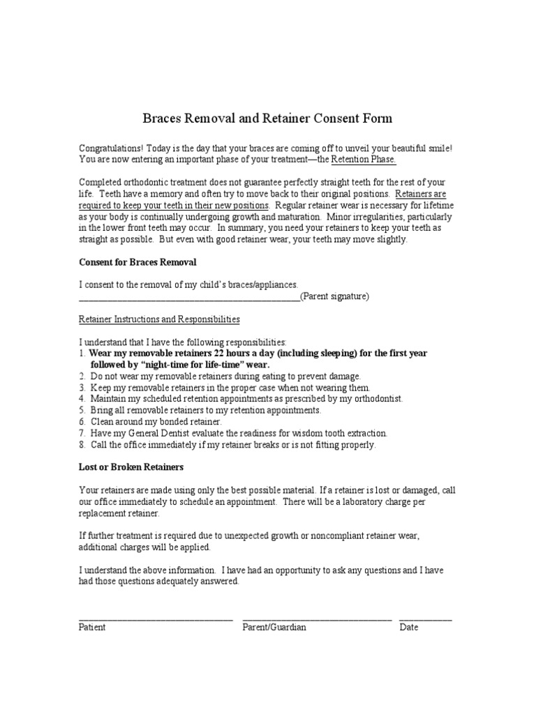 Braces Removal and Retainer Consent Form | PDF | Wellness