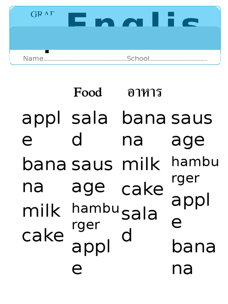 ป.1 English Vocabulary Food | PDF