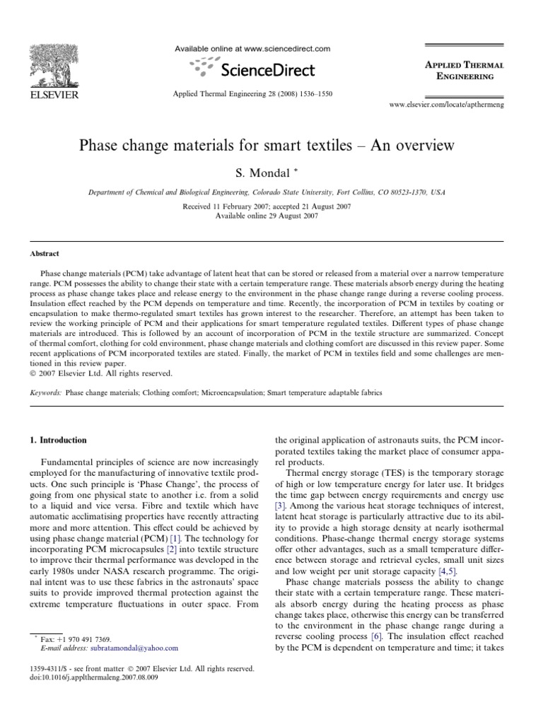 Phase Change Materials in Smart Textiles | PDF | Heat Transfer | Phase ...