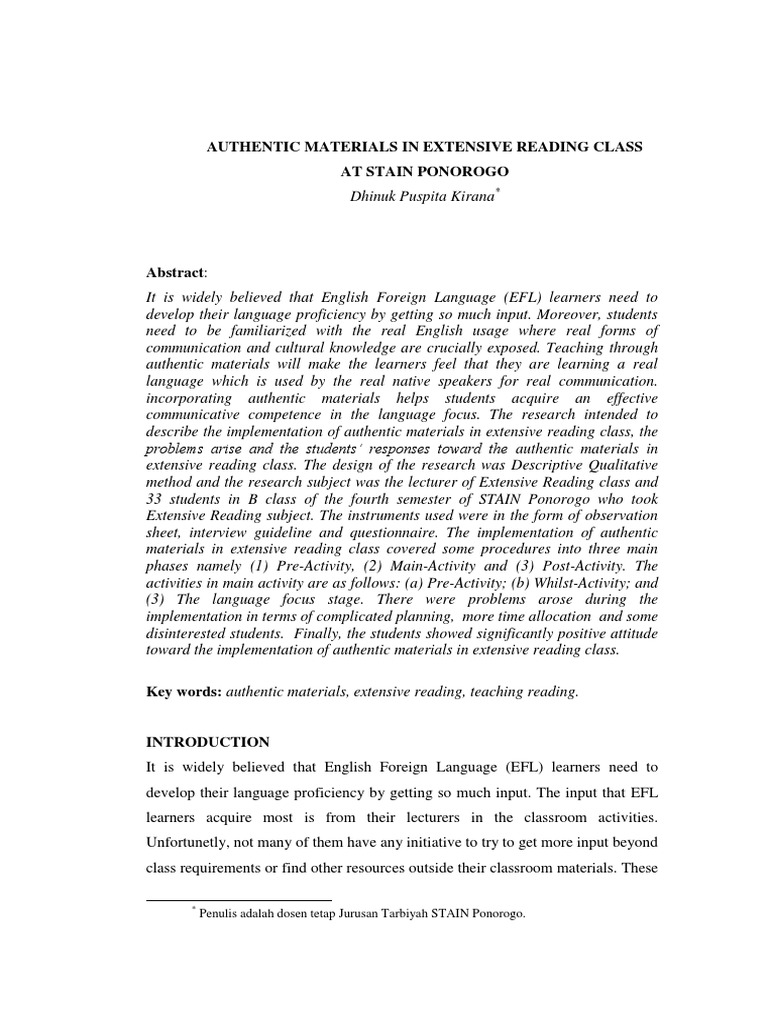 Authentic Materials in Extensive Reading Class | PDF | English As A ...