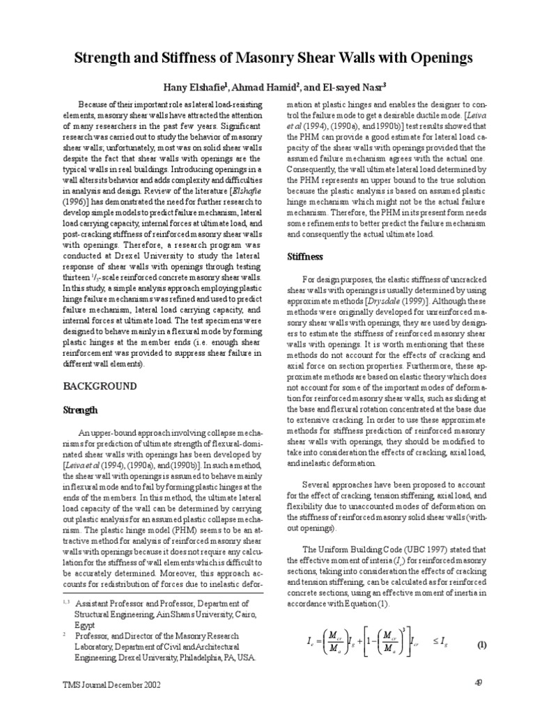 Strength and Stiffness of Masonry Shear Walls With Openings | PDF ...