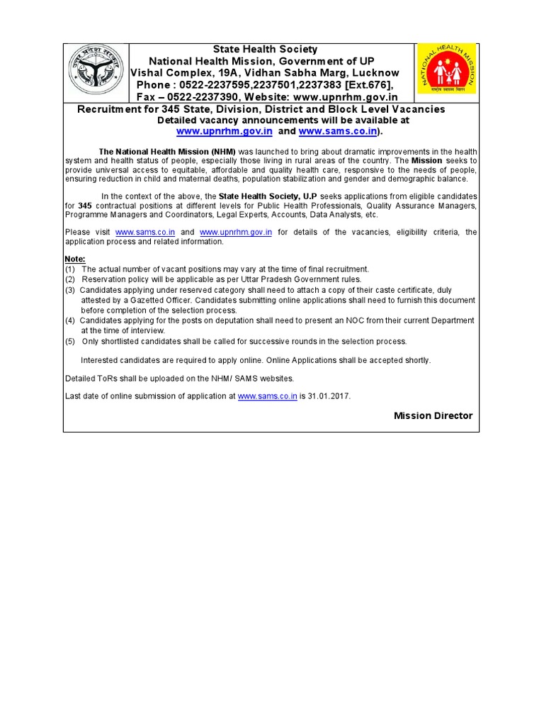 Notification NHM UP RSKO BCPM Other Posts | PDF