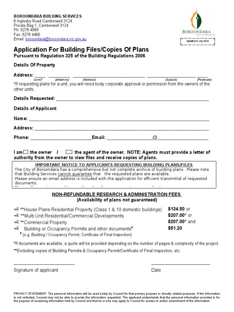Application For Building Files Copies of Plans Doc X | PDF
