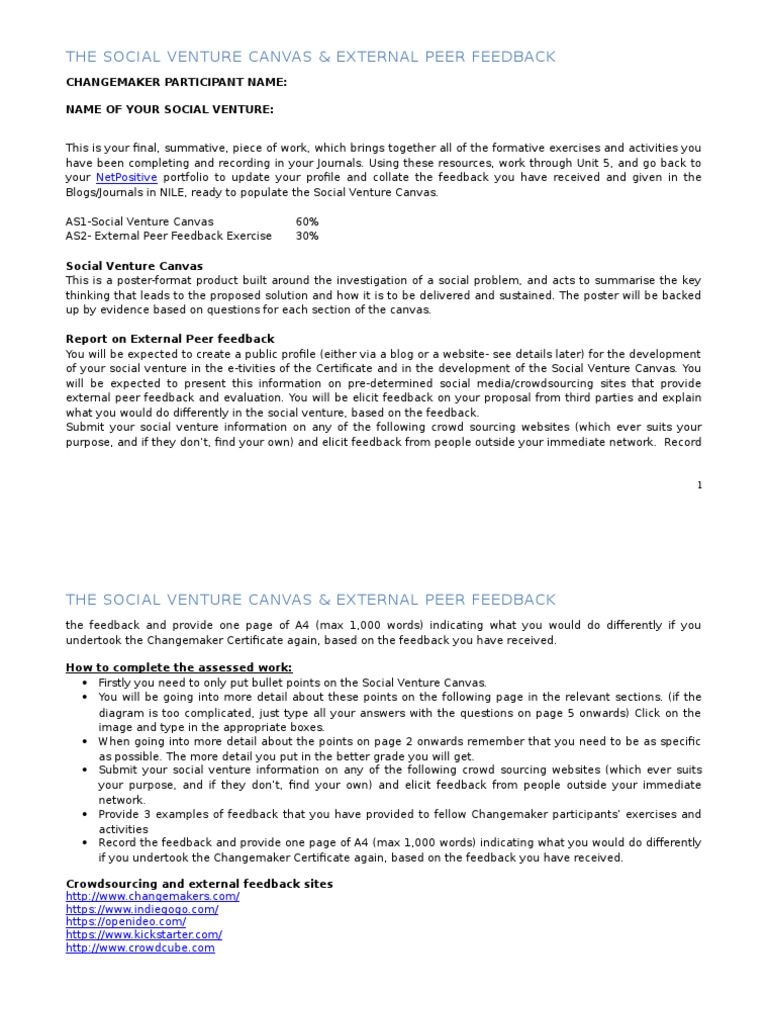 Social Venture Canvas & Feedback Guide | PDF | Crowdsourcing | Creativity