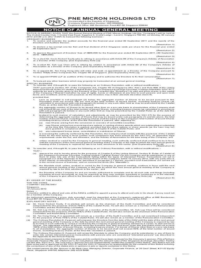Pne Micron Holdings LTD: Notice of Annual General Meeting | PDF