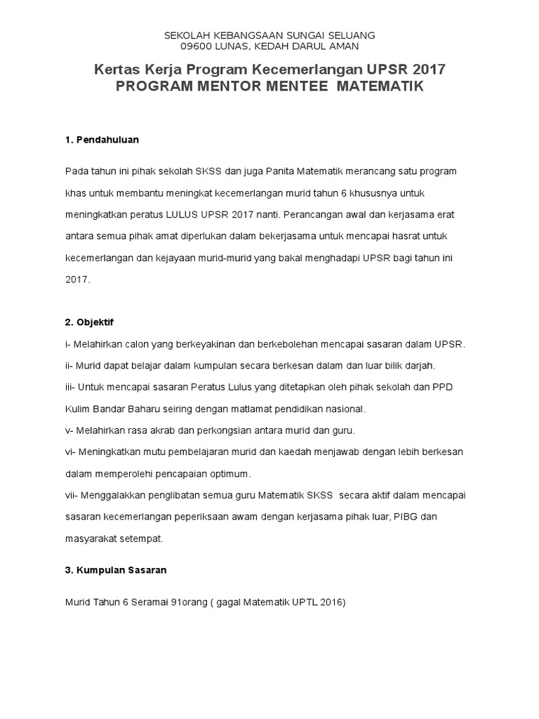 Kertas Kerja Program Kecemerlangan UPSR 2017 | PDF