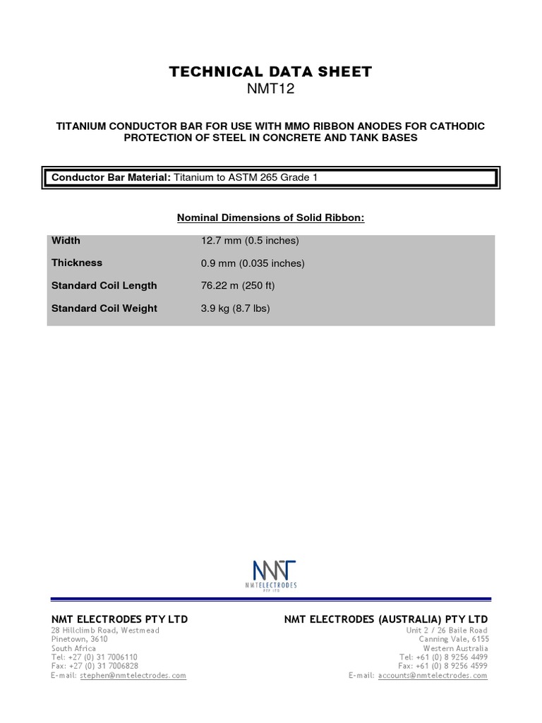 Technical Data Sheet NMT 12 (Titanium Conductor Bar) | PDF | Anode ...