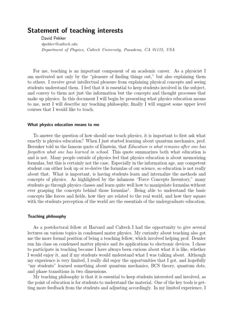 David Pekker's Teaching Interests Statement | PDF | Superconductivity ...