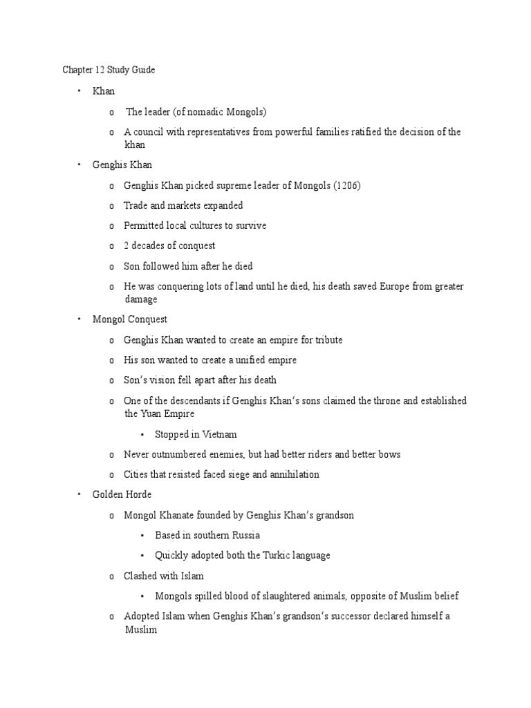 Chapter 12 Study Guide - Mongols | PDF | Genghis Khan | Mongol Empire