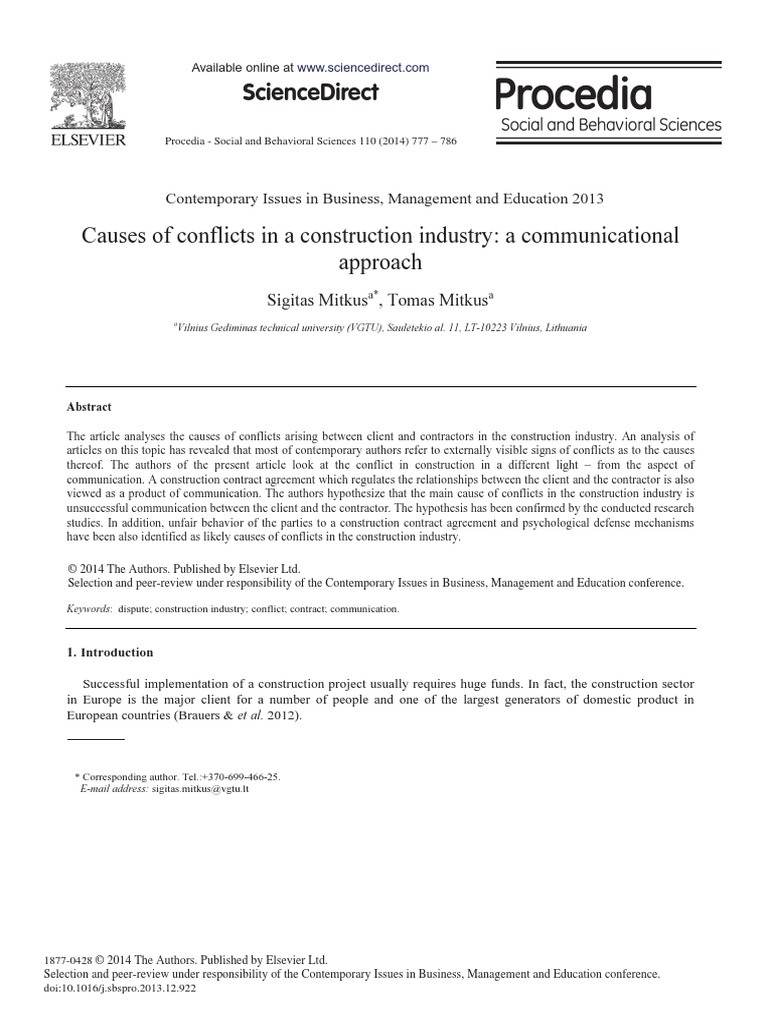 Causes of Conflicts in A Construction Industry - A Communicational ...