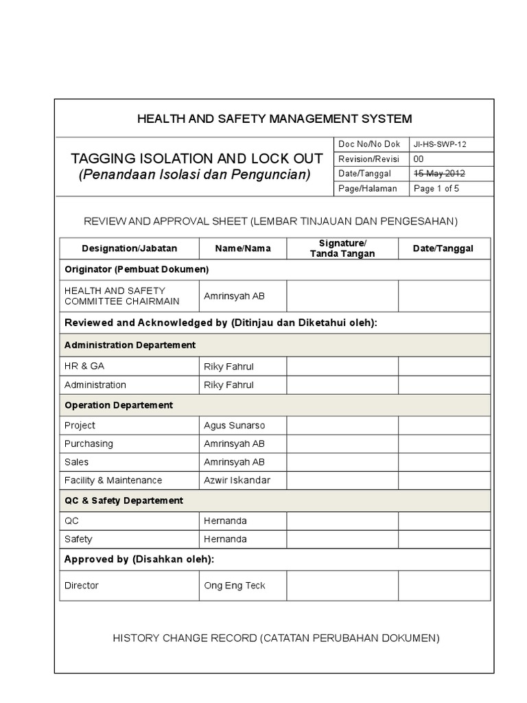 JI-HS-SWP-12 Tagging Isolation and Lock Out | PDF | Safety | Electrical ...