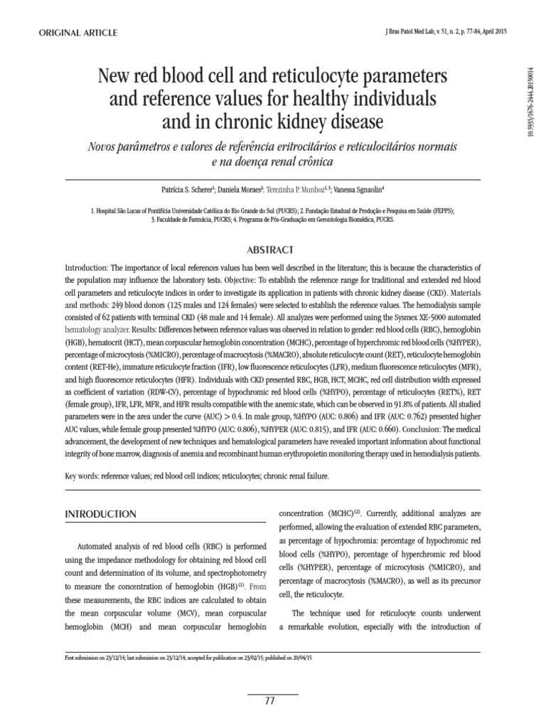 New Red Blood Cell and Reticulocyte Parameters and Reference Values For ...