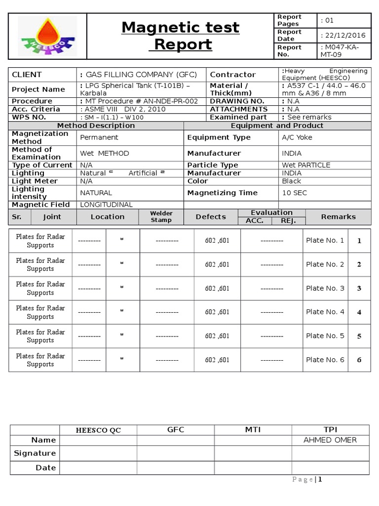 Magnetic Test: Client: Gas Filling Company (GFC) Contractor | PDF