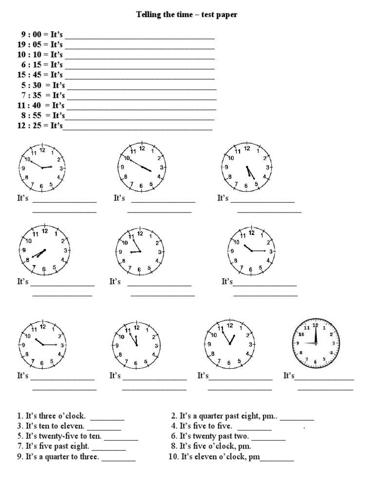 Telling The Time - Test Paper | PDF