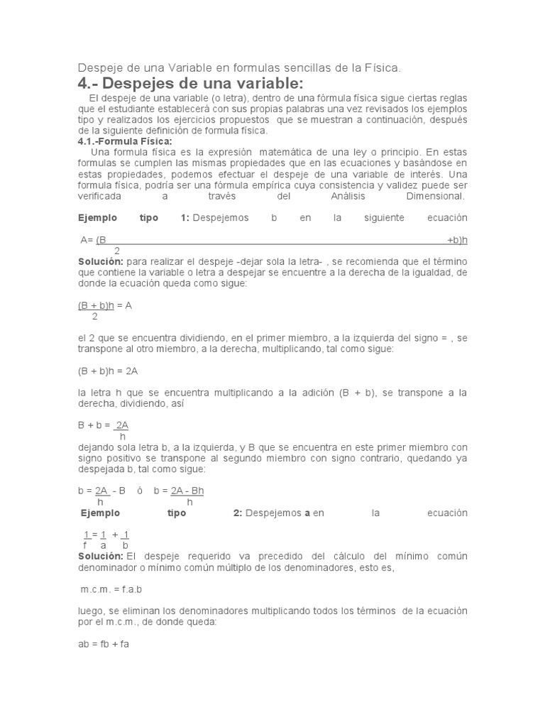 Despeje de Una Variable en Formulas Sencillas de La Física | PDF ...