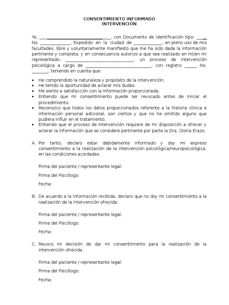Consentimiento informado para una intervención psicológica | PDF