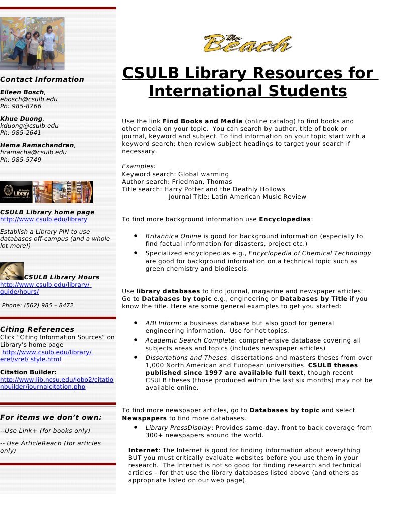 CSULB Library Resources For International Students: Contact Information | PDF | Thesis | Libraries