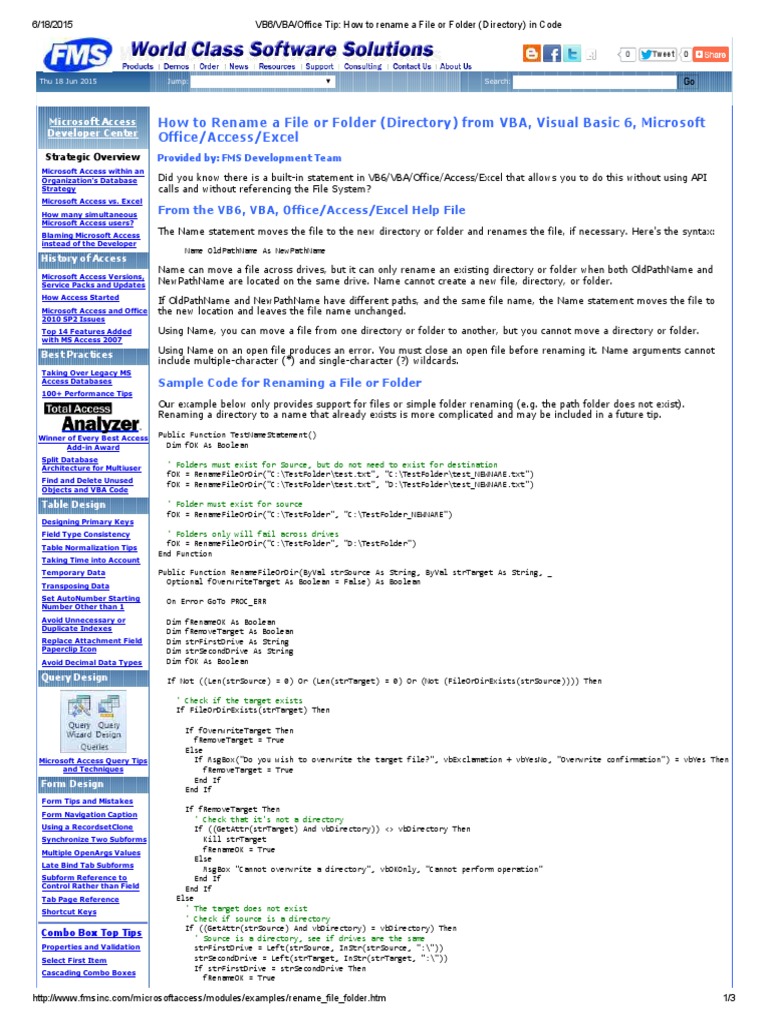 VB6 - VBA - Office Tip - How To Rename A File or Folder (Directory) in Code | Download Free PDF ...