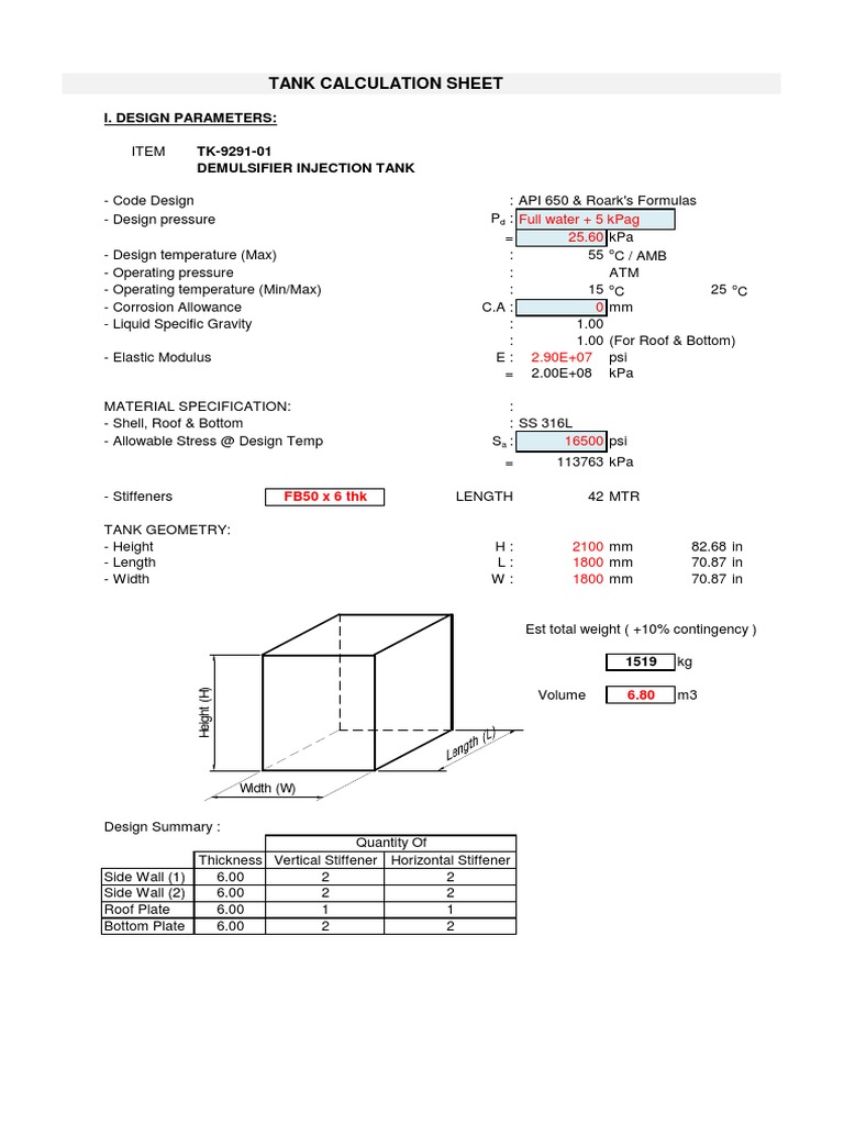 Tank Calculation Sheet: I. Design Parameters: TK-9291-01 Demulsifier ...