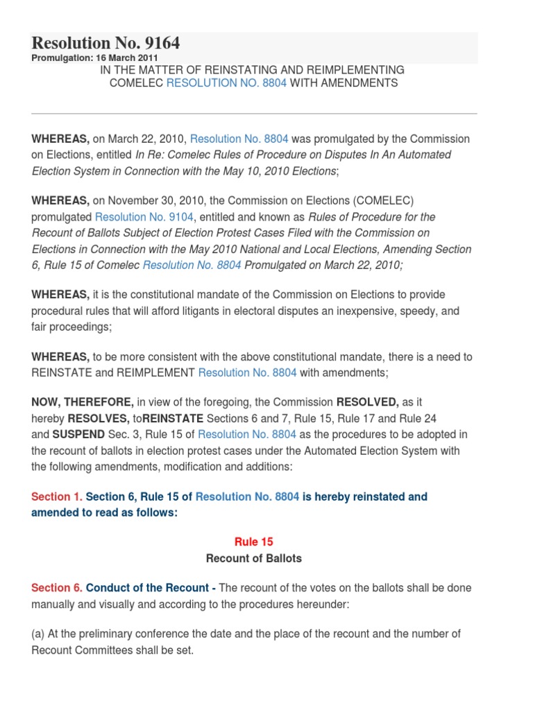 Comelec Resolution No 9164 | Download Free PDF | Election Recount ...
