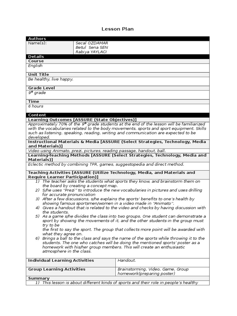 Lesson Plan Sports | PDF | Lesson Plan | Educational Psychology