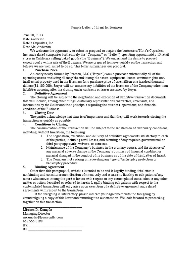Sample Letter of Intent for Business | Financial Transaction | Sales