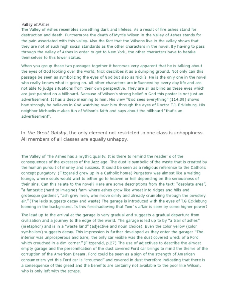 Valley of Ashes Description | PDF | The Great Gatsby | God