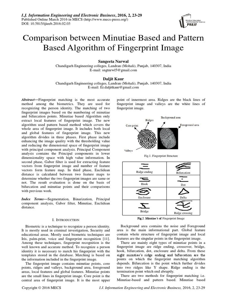 Comparison Between Minutiae Based and Pattern Based Algorithm of Fingerprint Image | PDF