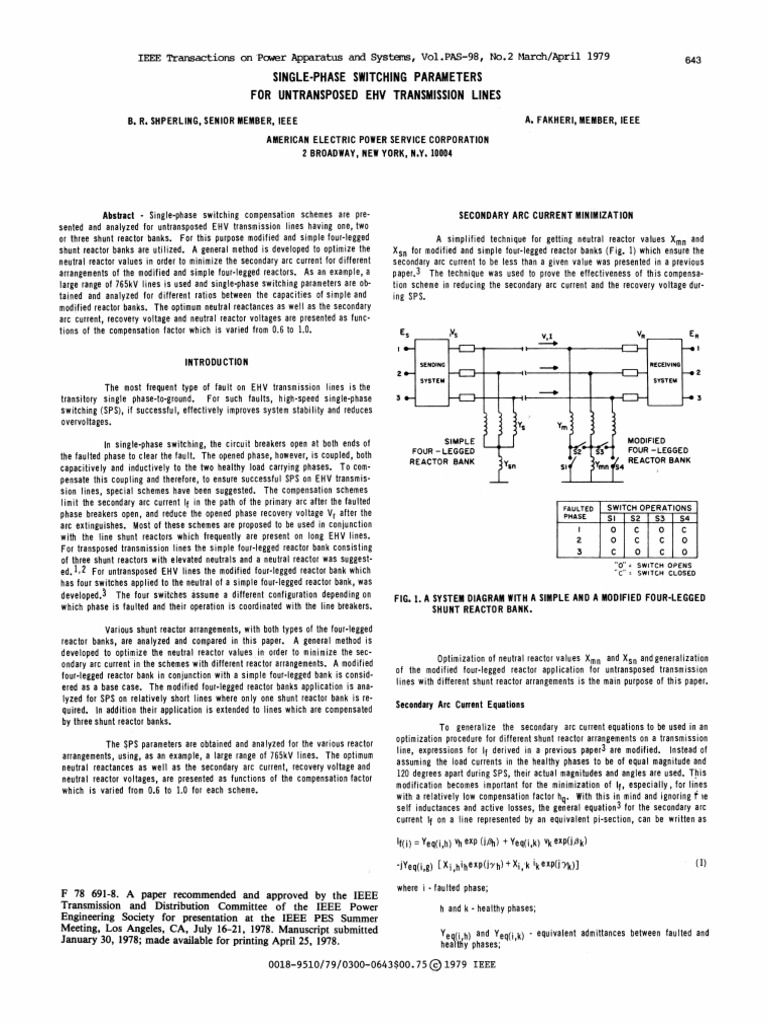 Single Phase Switching Parameters For Untransposed Ehv Tl Pdf