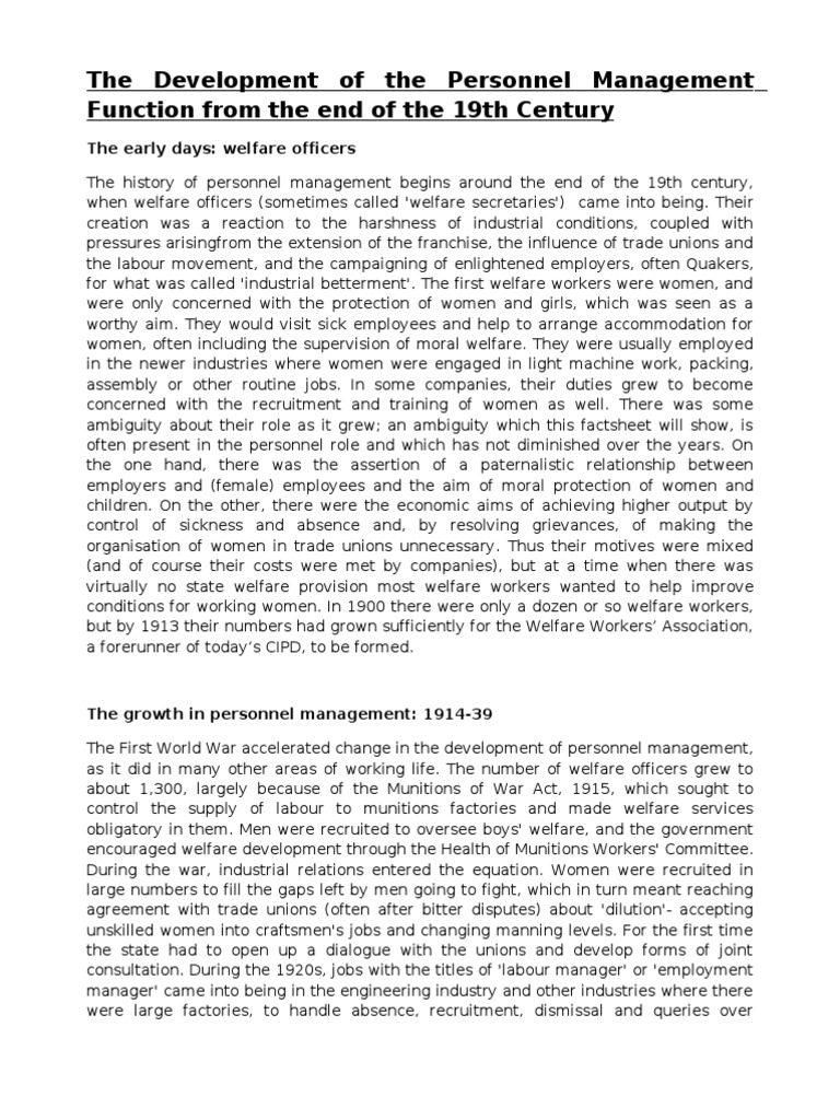 The Development of The Personnel Management Function From The End of ...