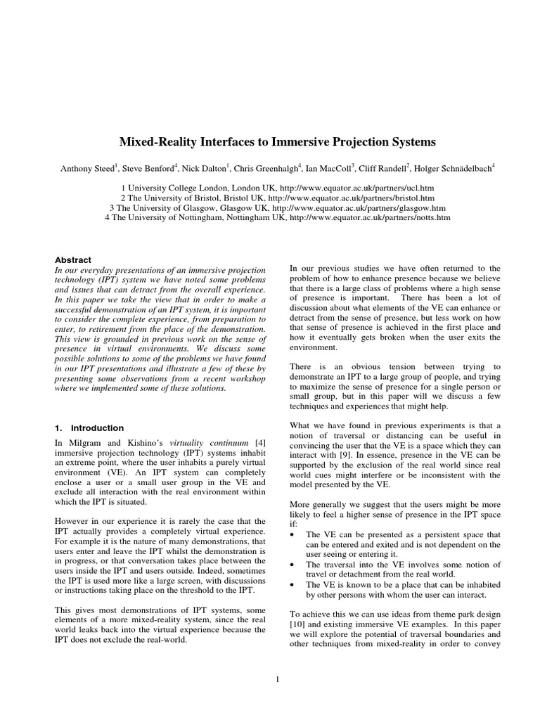 Mixed Reality Interfaces To Immersive Projection Systems Pdf Mixed