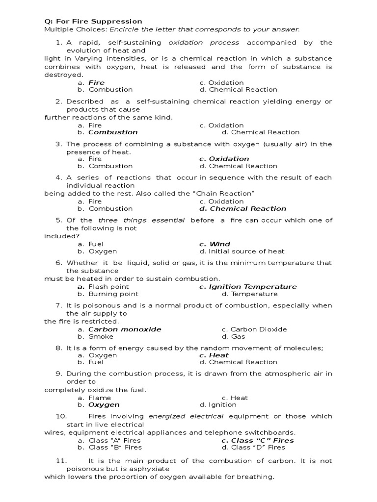 Questionaire For FOE With Key Answers | PDF | Combustion | Fires