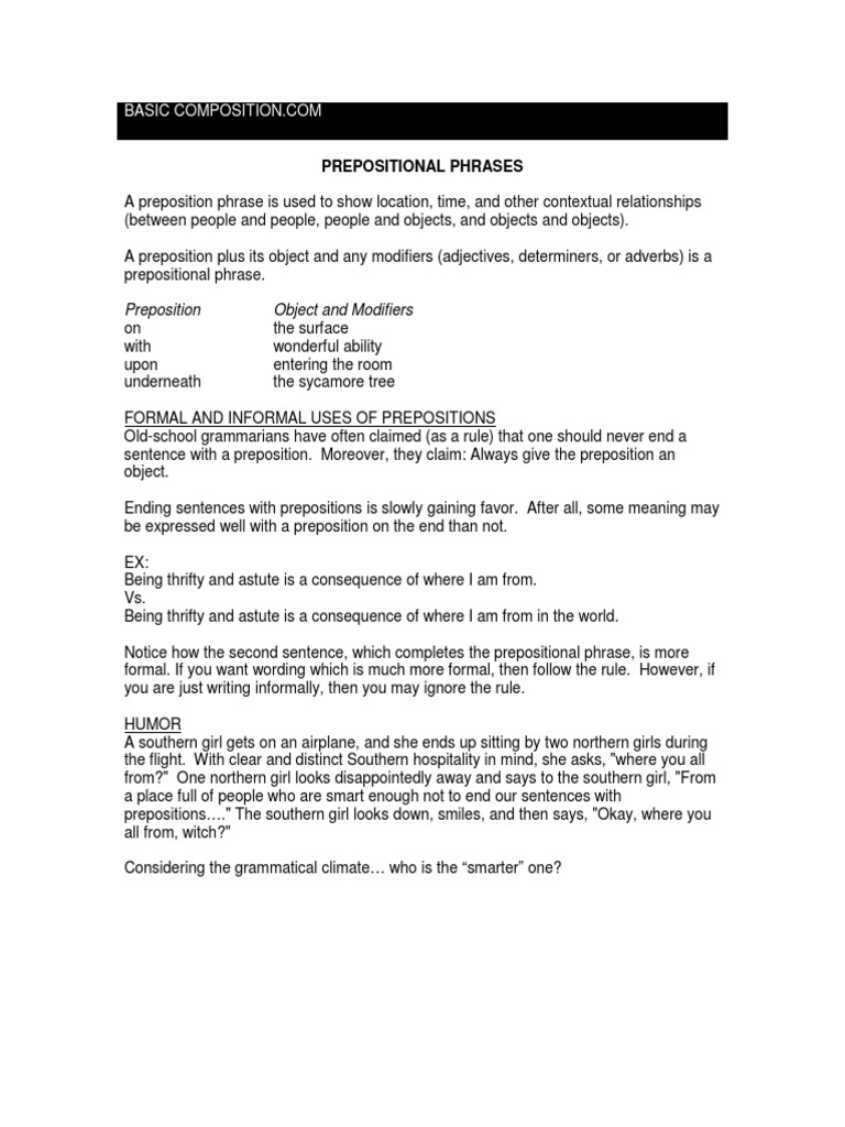Preposition Object and Modifiers: Prepositional Phrases | PDF