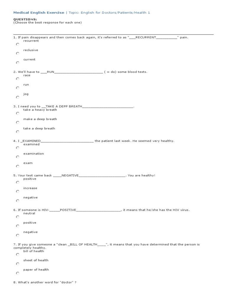 Medical English Vocabulary Exercises | PDF | Allergy | Physician