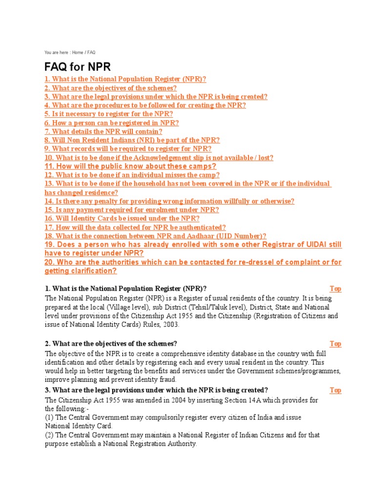 Faq For NPR: 1. What Is The National Population Register (NPR ...