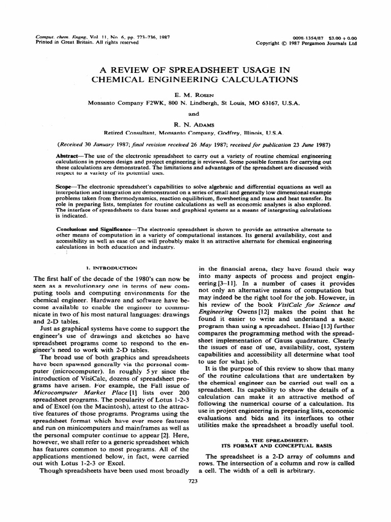 A Review Of Spreadsheet Usage In Chemical Engineering Calculations Pdf Spreadsheet