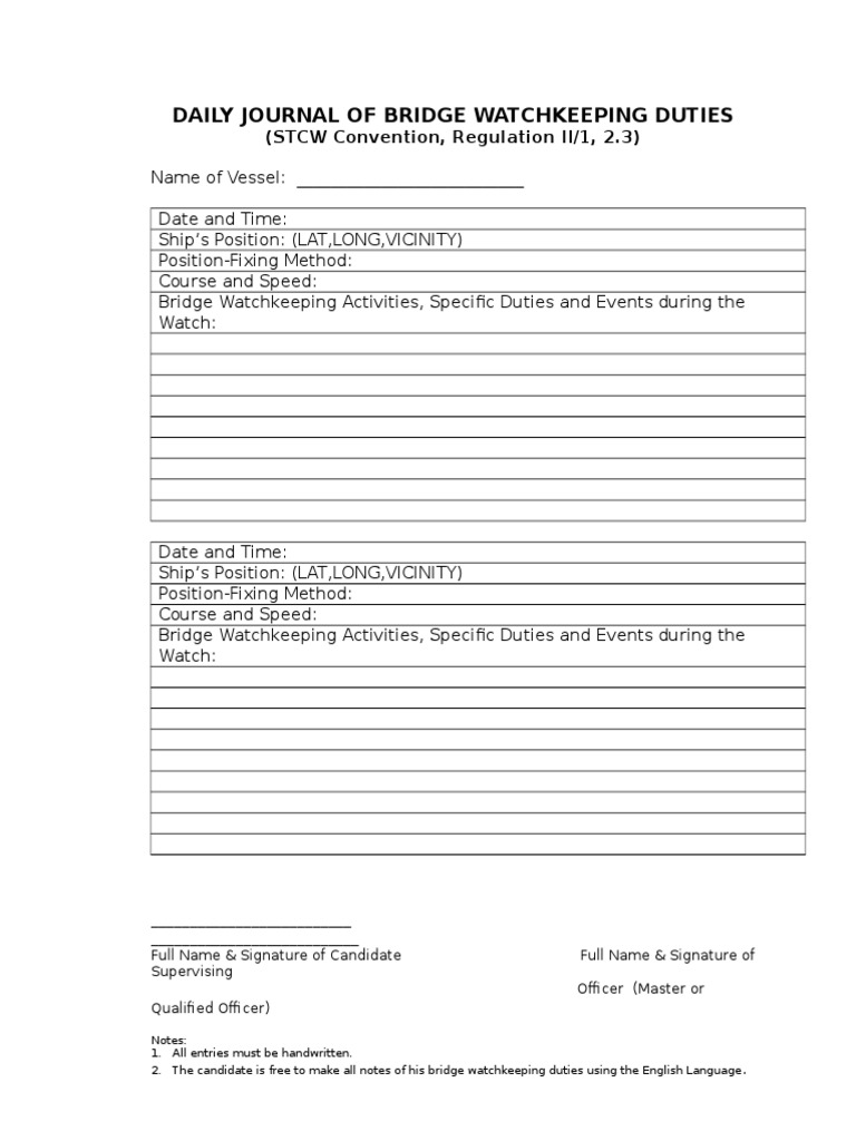 Daily Journal of Bridge Watchkeeping Duties | Water Transport | Shipping