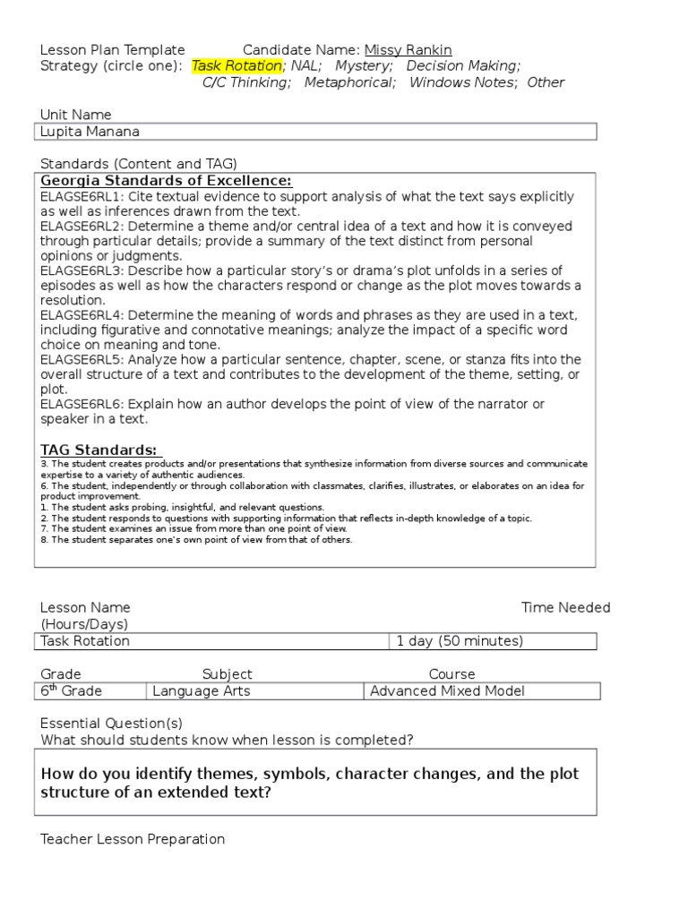6th Grade Language Arts Lesson Plan | PDF | Plot (Narrative) | Narration