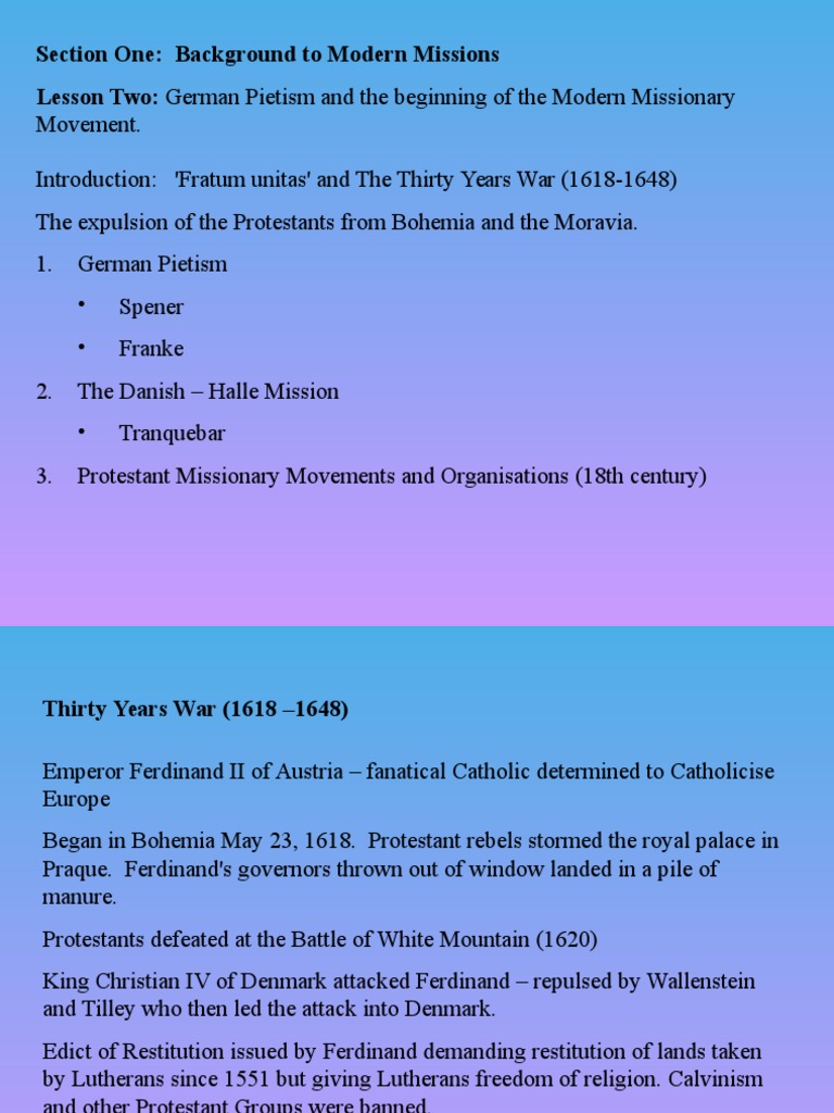 Section One: Background To Modern Missions Lesson Two: German Pietism ...