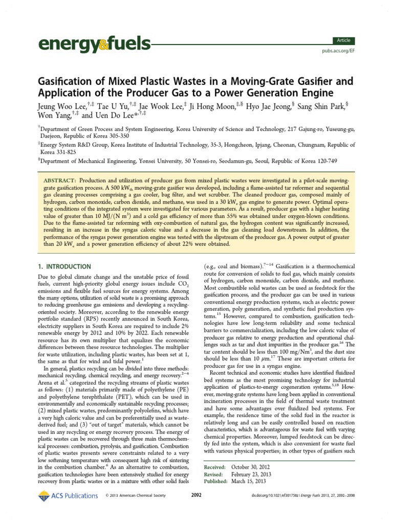 Gasification of Mixed Plastic Wastes in A Moving-Grate Gasifier and ...