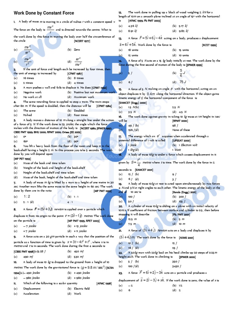 Work Done by Constant Force-MCQ | PDF | Collision | Momentum